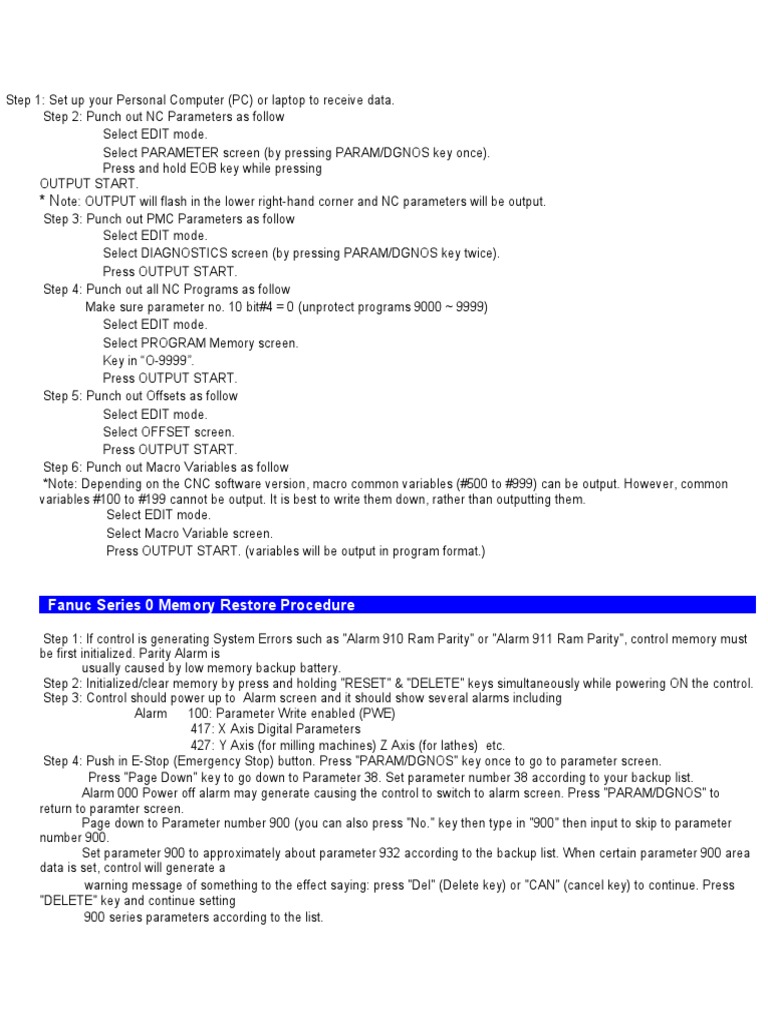 Fanuc O Bakup Procedure | PDF | Parameter (Computer Programming) | Random Access Memory