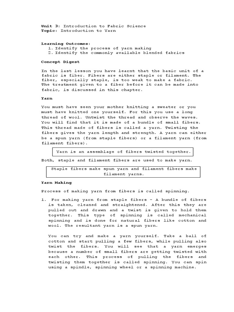 Unit 3: Introduction To Fabric Science Topic: Introduction To Yarn ...