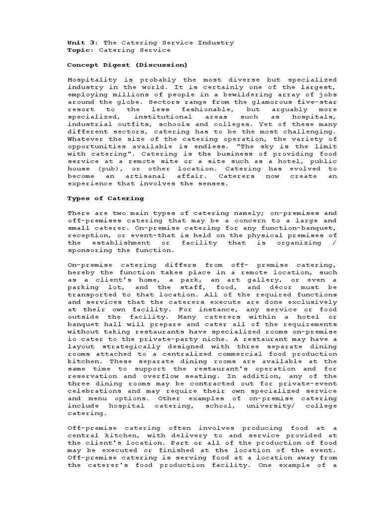 Unit 3: The Catering Service Industry Topic: Catering Service Concept ...