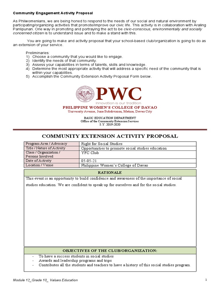 Community Extension Activity Proposal: Philippine Women'S College of ...