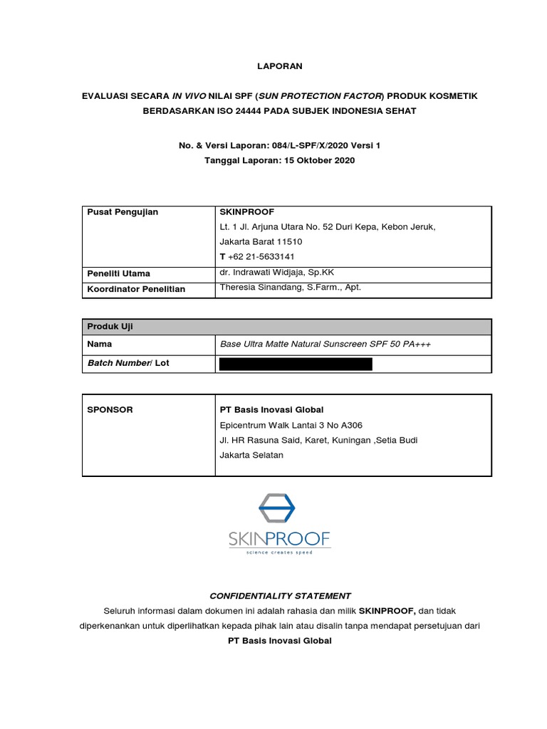 084 - SPF Report - Base Ultra Matte Natural Sunscreen SPF 50 PA+++ | PDF