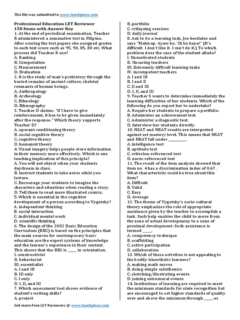 Free LET Reviewers with Answer Key | PDF | Teachers | Learning