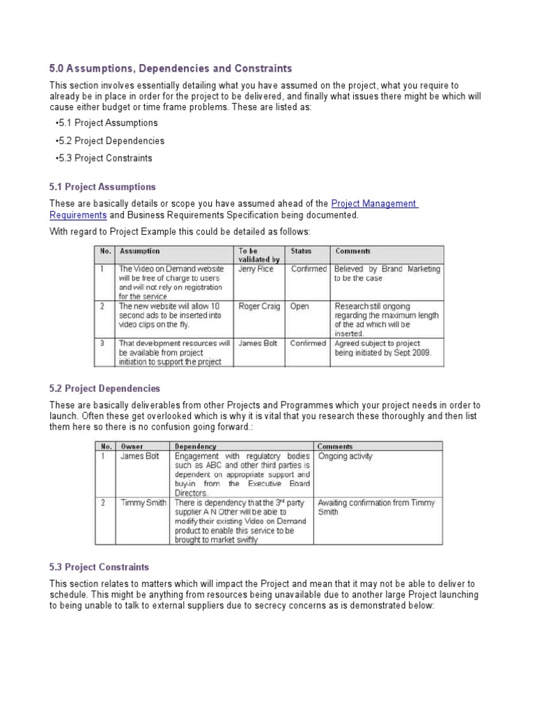 Assumptions, Dependencies and Constraints | PDF