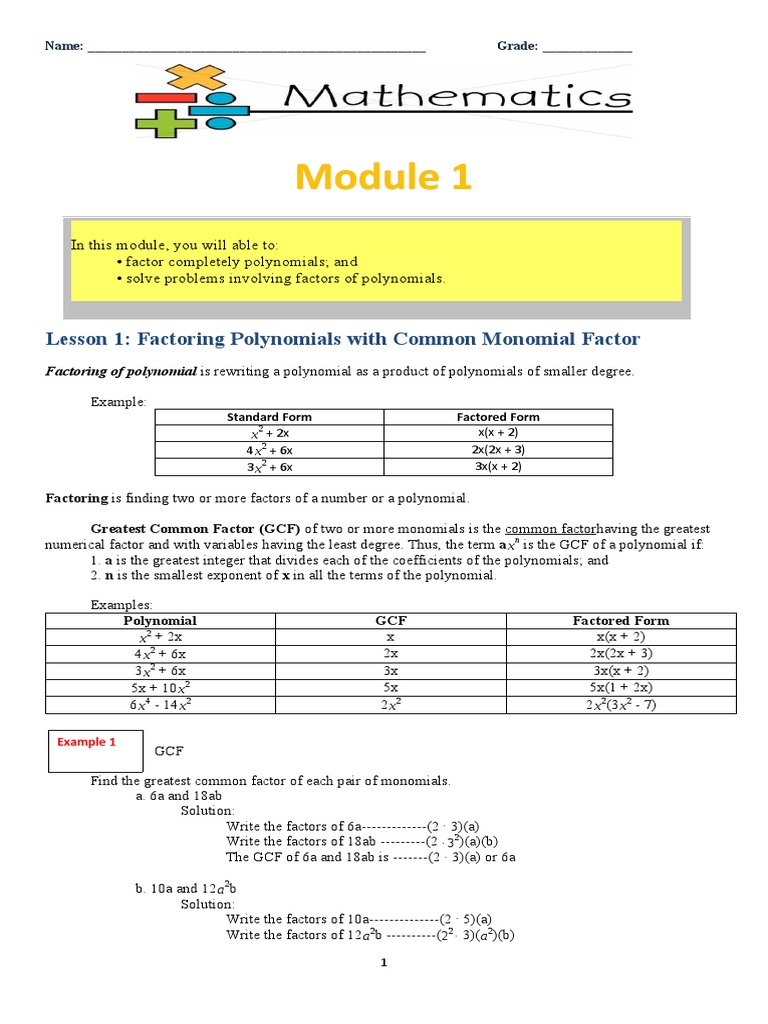 Lesson 1: Factoring Polynomials With Common Monomial Factor | PDF | Factorization | Polynomial