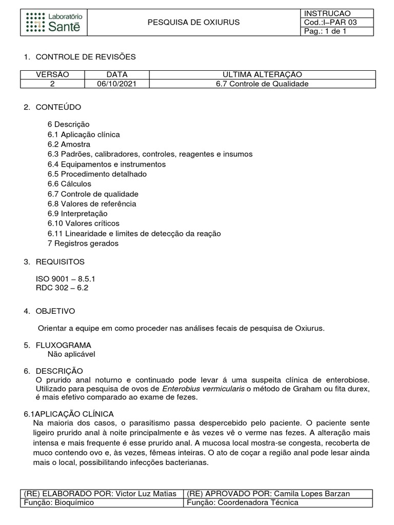 I - PAR 03 Pesquisa de Oxiurus | PDF | Microbiologia | Especialidades ...