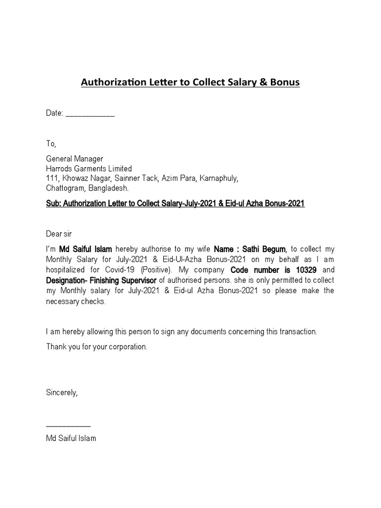 Authorization Letter To Collect Salary | PDF