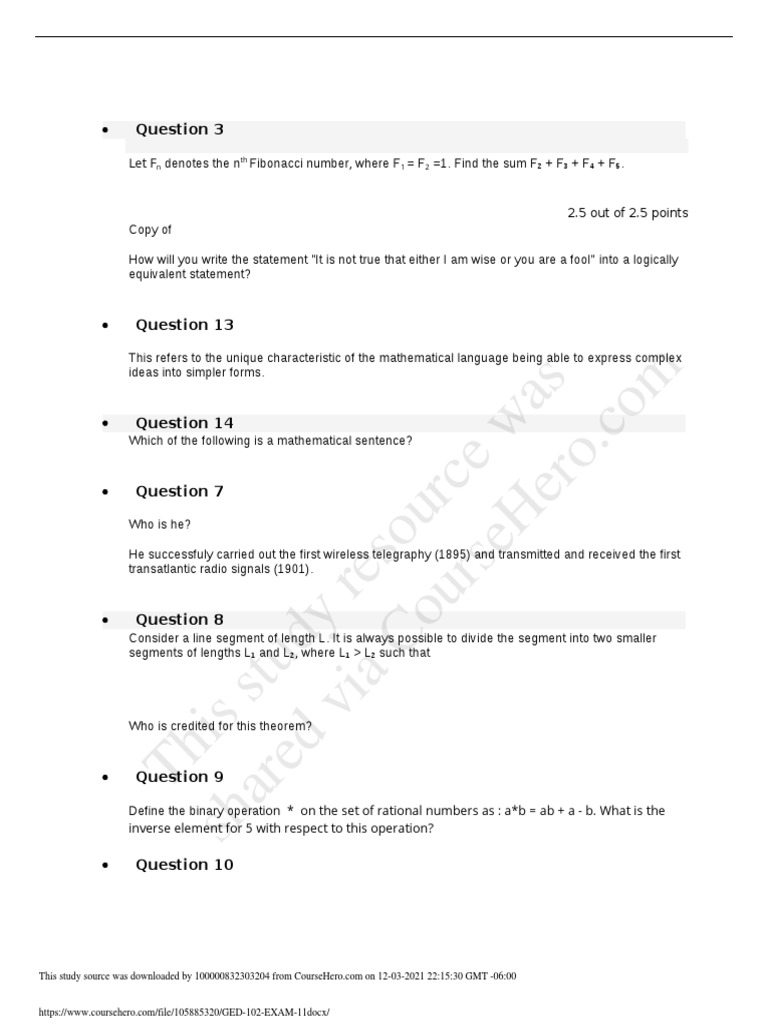 Ged 102 Exam 11 | PDF | Logic | Mathematics