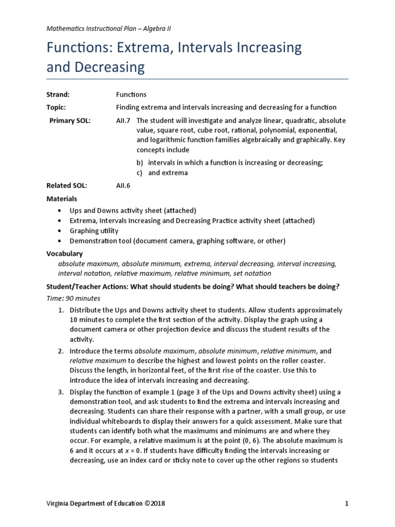 Functions: Extrema, Intervals Increasing and Decreasing: Strand: Topic: Primary SOL | PDF ...
