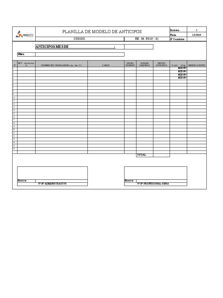 RE-06-PG.05-01 Planilla Modelo de Anticipos Rev.2 | PDF