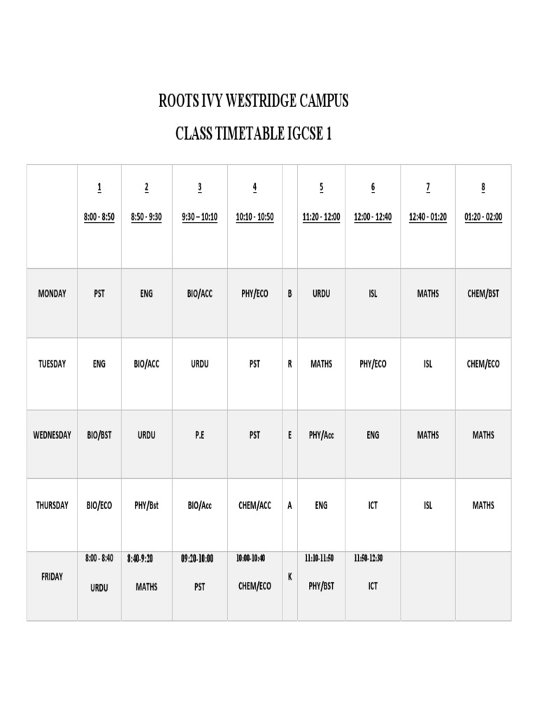 IGCSE Class Timetable - Roots Ivy Westridge | PDF