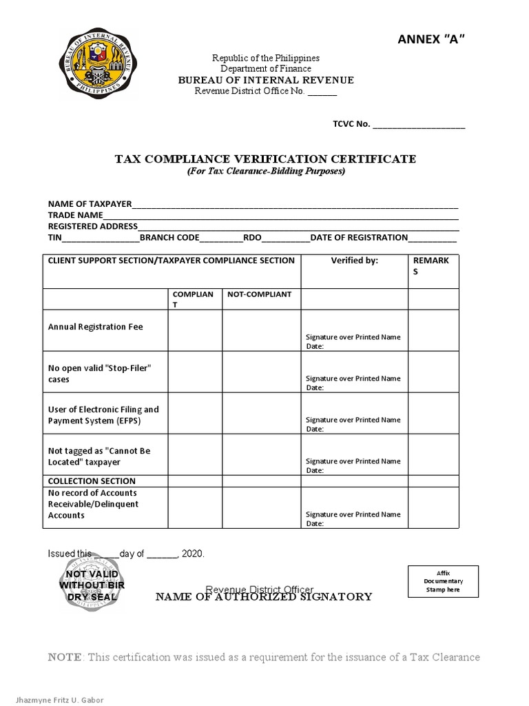 Tax Compliance Verification Certificate: Annex "A" | PDF | Policy ...