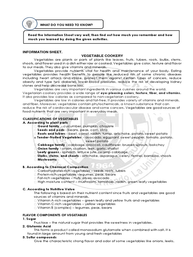 Information Sheet. Vegetable Cookery | PDF | Vegetables | Bivalvia