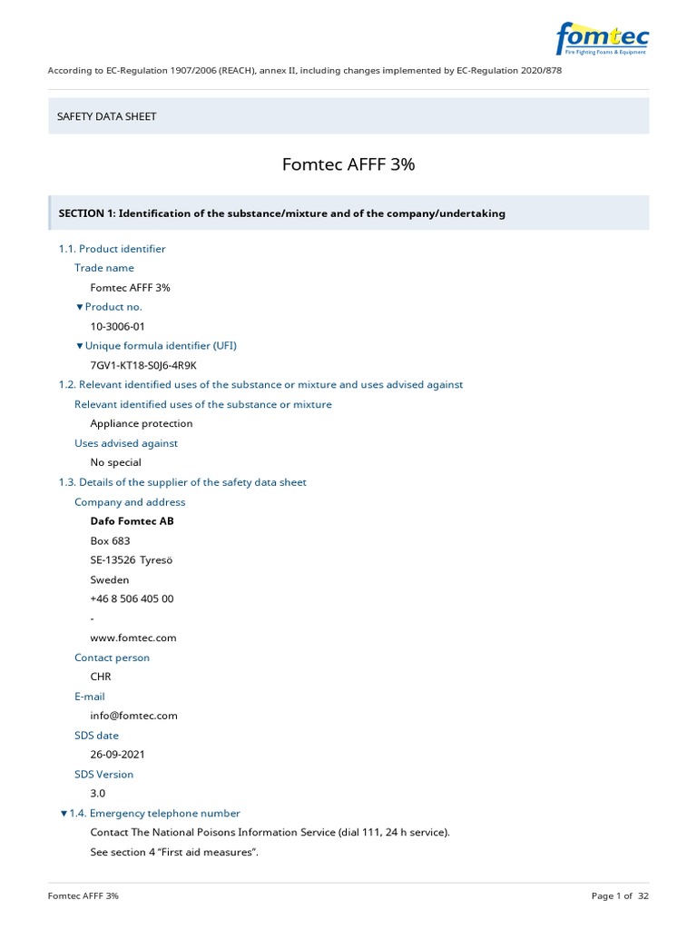 Dafo Fomtec AB - Fomtec AFFF 3% - 10-3006-01 - GB-en - v3 - 0 | PDF ...