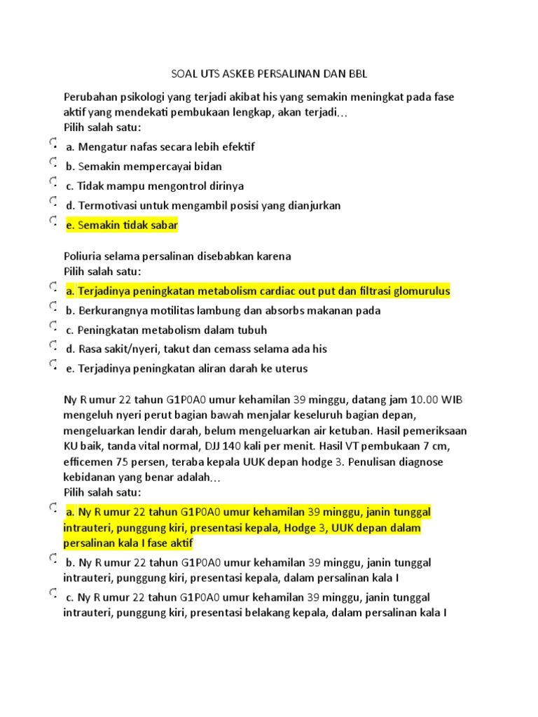 Soal Uts Askeb Persalinan Dan BBL-1 | PDF
