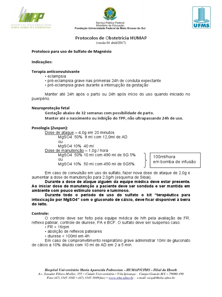 Protocolo de Sulfato de Magnésio HUMAP | PDF | Especialidades médicas ...