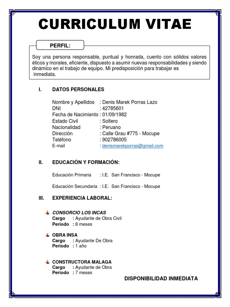 Curriculum Vitae Denis Porras | PDF | Crecimiento personal y ...