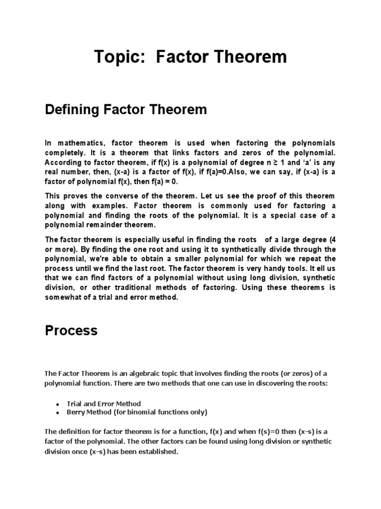 Factor Theorem | PDF | Factorization | Zero Of A Function