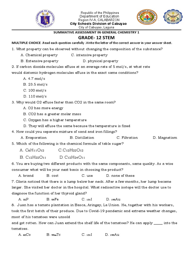 Grade 12 STEM Chemistry Assessment | PDF | Mole (Unit) | Nature