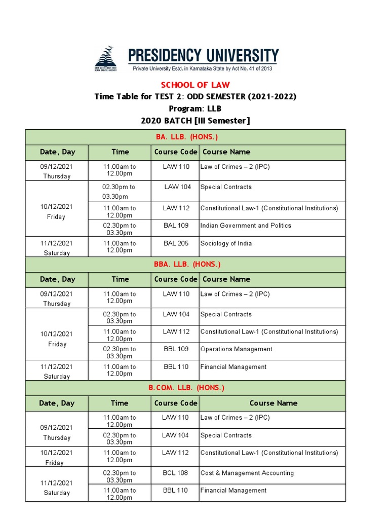 Time Table For TEST 2: ODD SEMESTER (2021-2022) Program: LLB 2020 BATCH ...