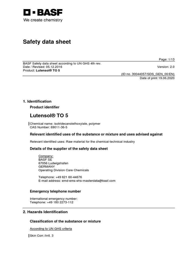 Lutensol TO 5 SDS | PDF | Dangerous Goods | Safety