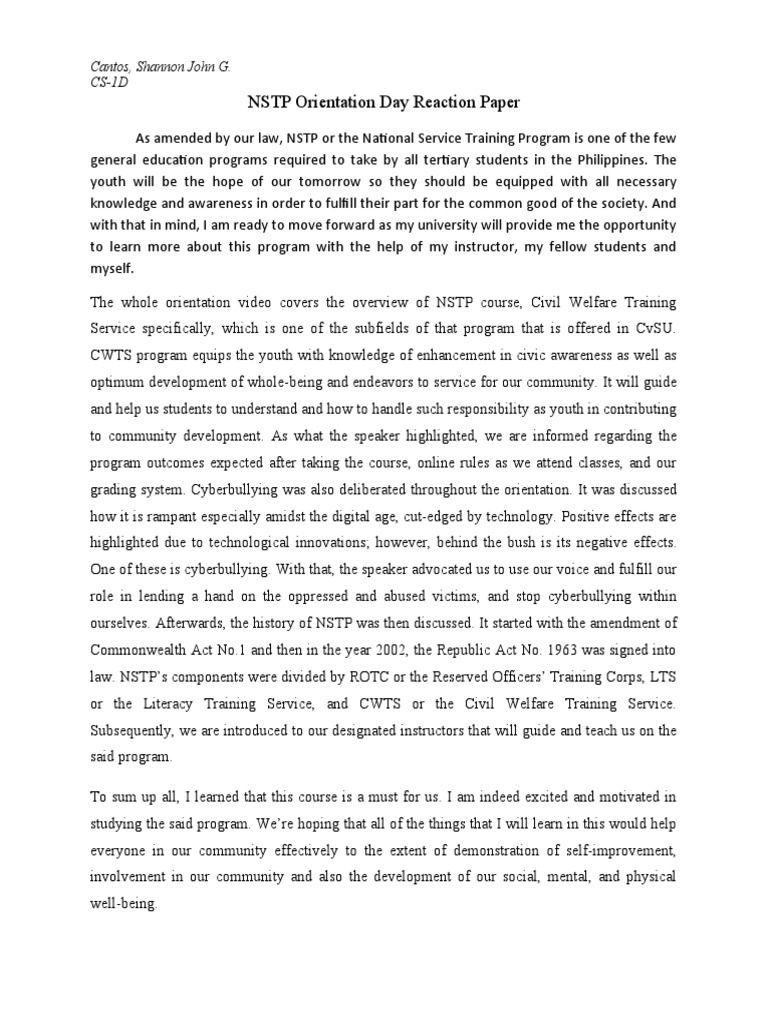 Reaction Paper in NSTP Orientation Day | PDF | Cyberbullying