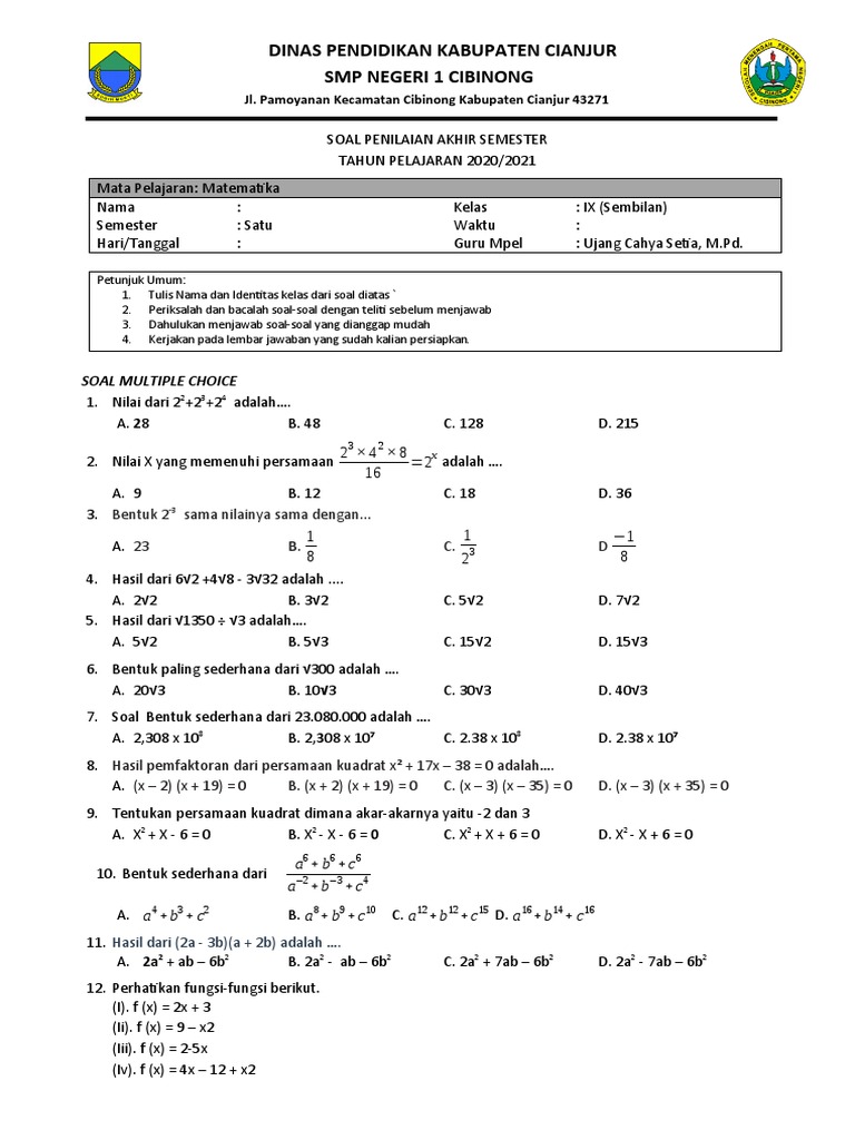 Soal Matematika 9 | PDF
