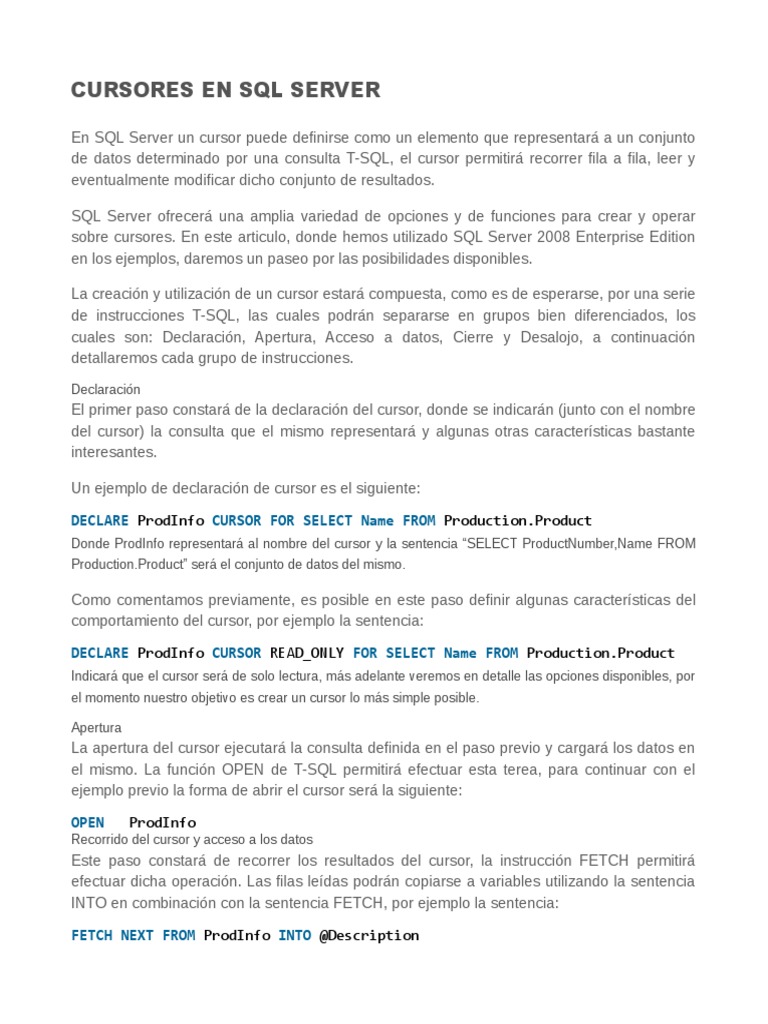 Cursores en SQL Server | Descargar gratis PDF | SQL | Servidor SQL de ...