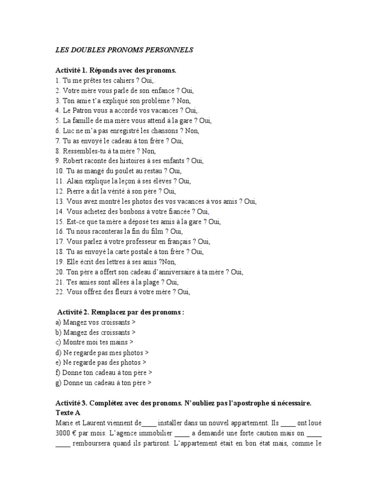 Exercices sur les doubles pronoms | PDF | Arts du langage et discipline ...