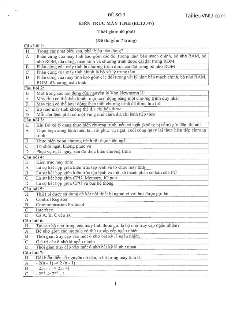 De Thi Kien Truc May Tinh Ky 3 Nam Hoc 2019 2020 UET | PDF
