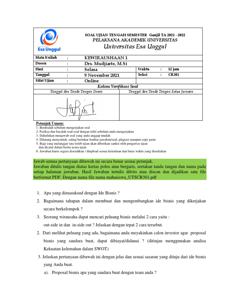 Soal UTS MK Kewirausahaan 1 | PDF