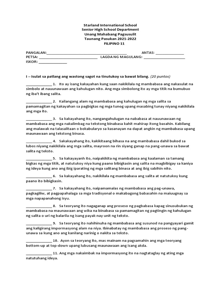 FILIPINO 11 Mahabang Pagsusulit | PDF