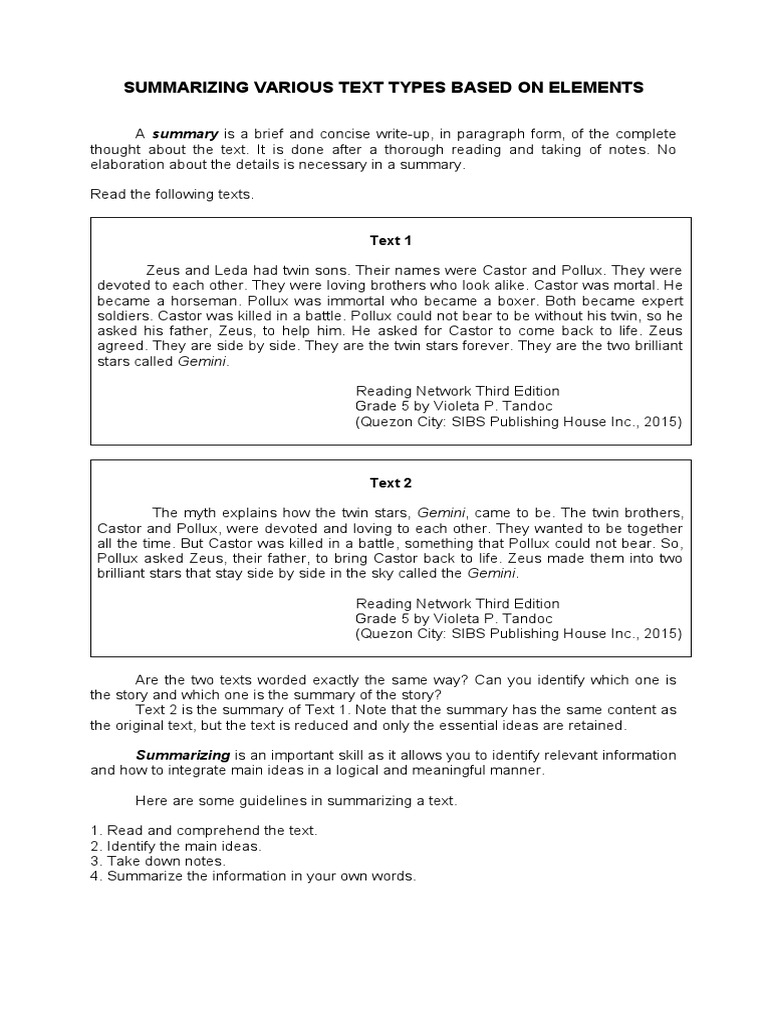 Summarizing Various Text Types Based On Elements | PDF