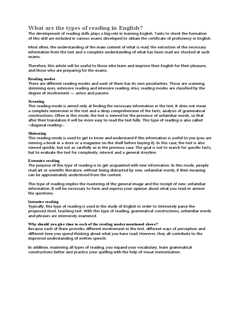 What Are The Types of Reading in English | PDF | Speed Reading ...