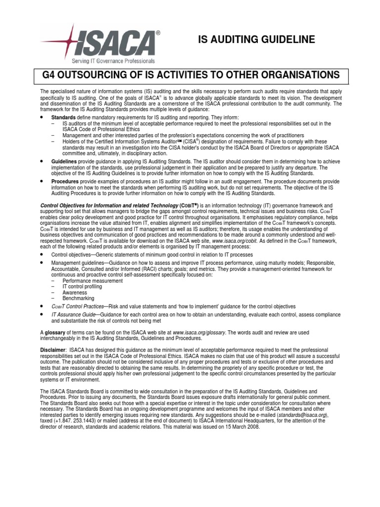 ISACA Audit Guideline Outsourcing | PDF | Audit | Service Level Agreement