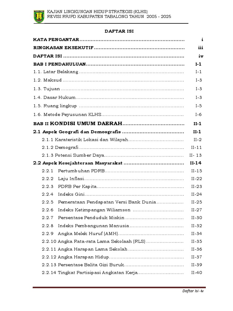 Daftar Isi KLHS - Revisi RPJPD Tabalong | PDF | Bisnis