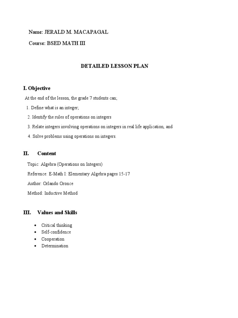 Detailed Lesson Plan: Name: Jerald M. Macapagal Course: Bsed Math Iii ...