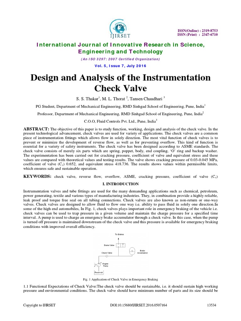 Design and Analysis of The Instrumentation Check Valve | PDF | Valve ...