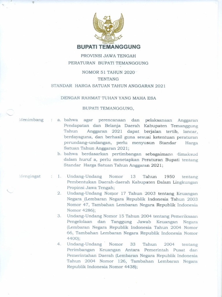 Perbup No 51 Tahun 2020 Tentang Standar Harga Satuan Tahun Anggaran 2021 | PDF