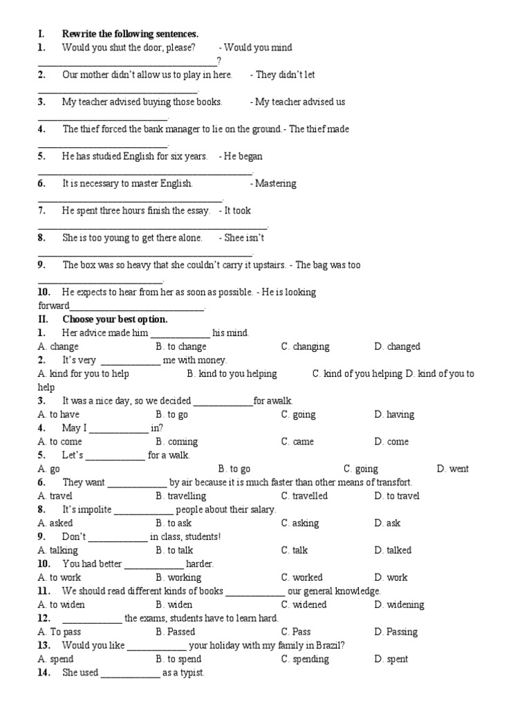 Practice Exercises for Rewriting Sentences and Identifying Correct Verb ...