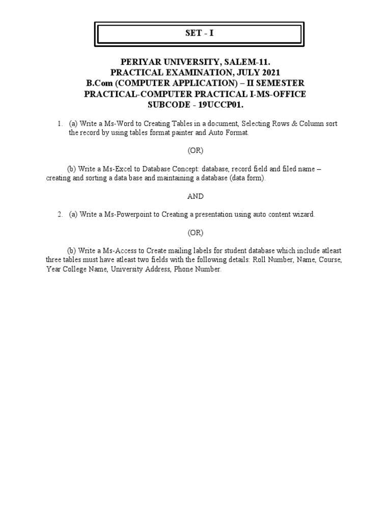 Bcom CA Ms-Office Practical Examination Question Paper | PDF | Databases | Information Age