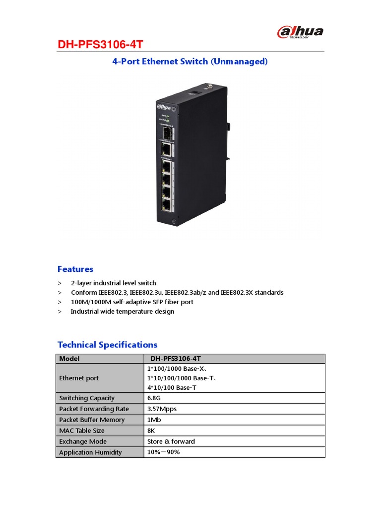 Dahua 4port Unmanaged PFS3106-4T | PDF