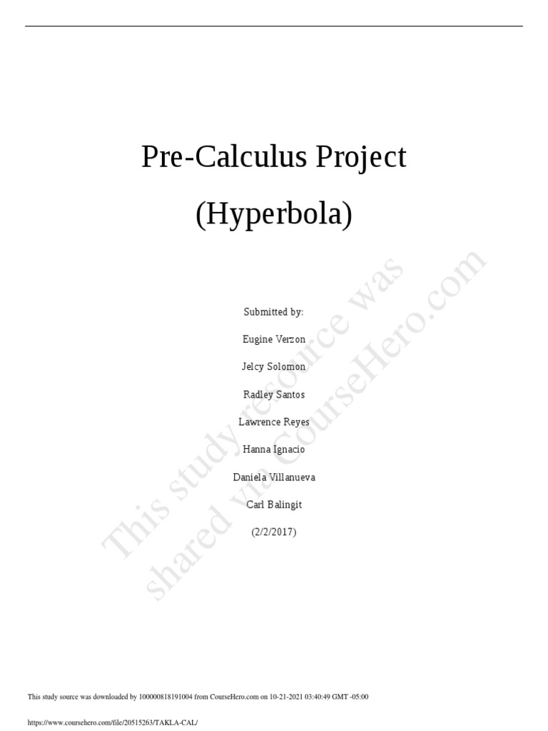 Pre-Calculus Project (Hyperbola) : This Study Resource Was | Download ...