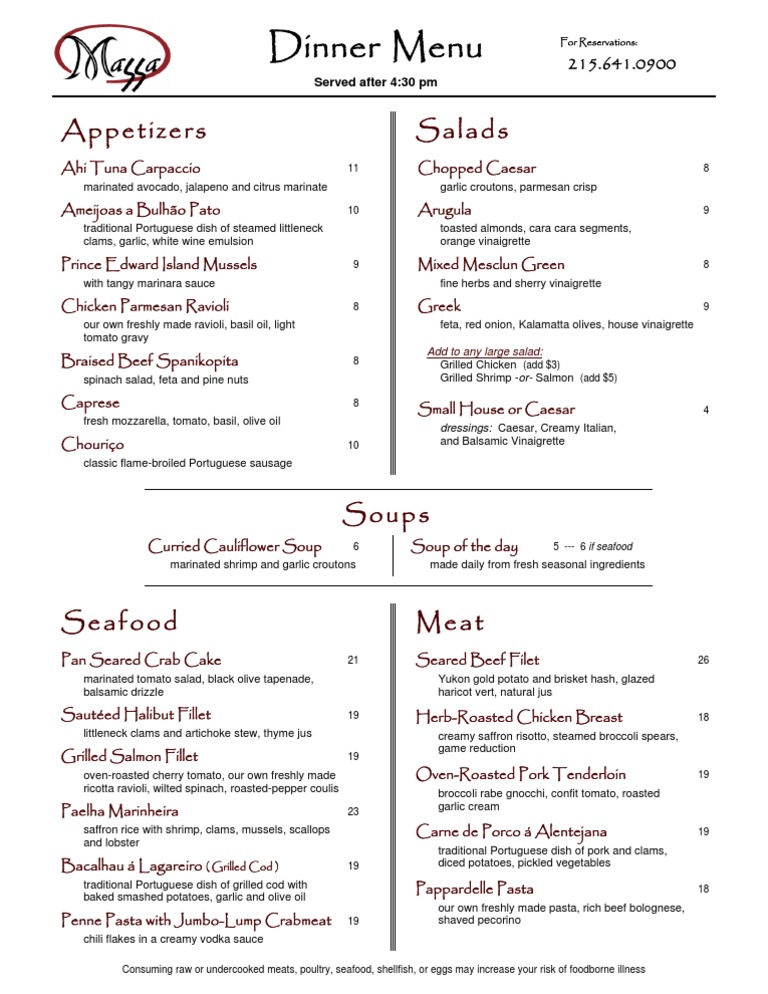 Massa Restaurant Dinner Menu | PDF | Salad | Cuisine