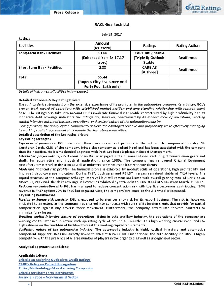 Press Release RACL Geartech LTD | PDF | Banks | Credit Rating Agency