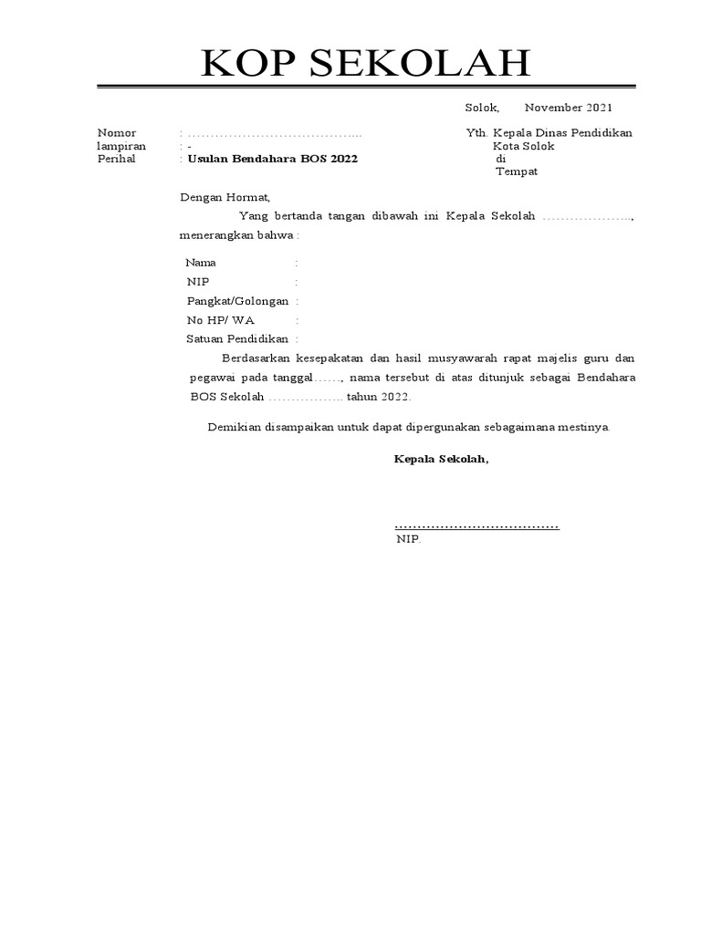Surat Usulan Bendahara Bos 2022 | PDF