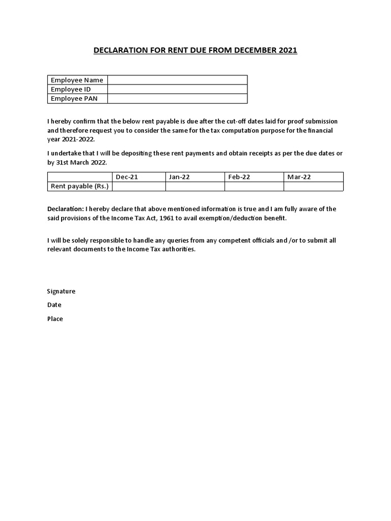 Request for Rent Deduction: Declaration of Rent Due from December 2021 ...