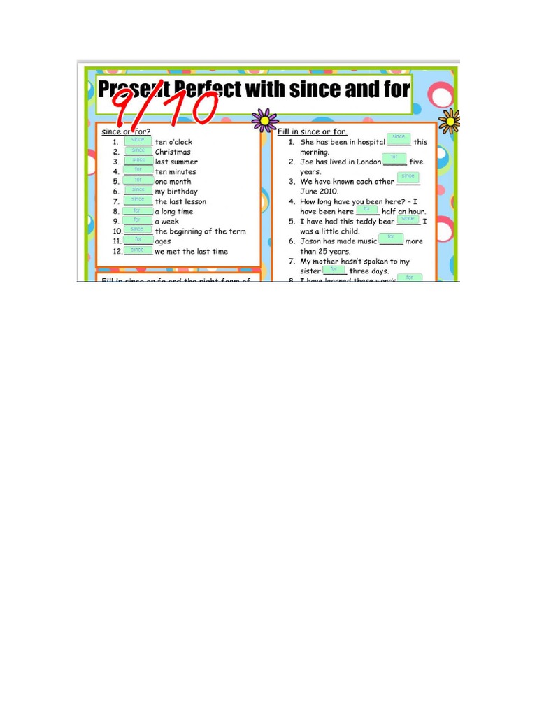 Present Perfect Since-For Exercises | PDF