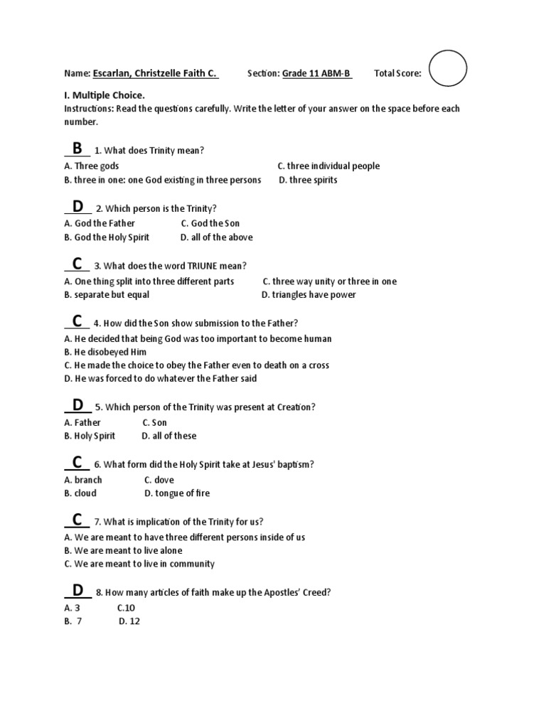 Grade 11 Theology Quiz and Answers | PDF | Trinity | God The Father