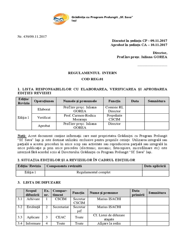 Regulament Intern GPP SF Sava Iasi | PDF