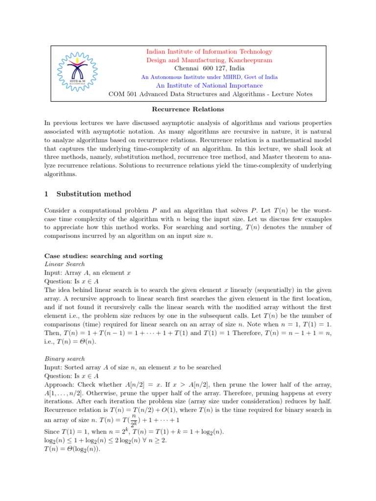 Recurrence Relations Time Complexity Pdf Recurrence Relation Time Complexity
